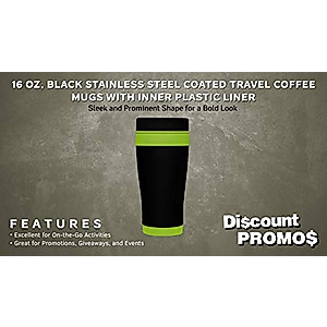 DISCOUNT PROMOS 16 oz. Black Steel Travel Coffee Mugs - 10 pack - Lime Green