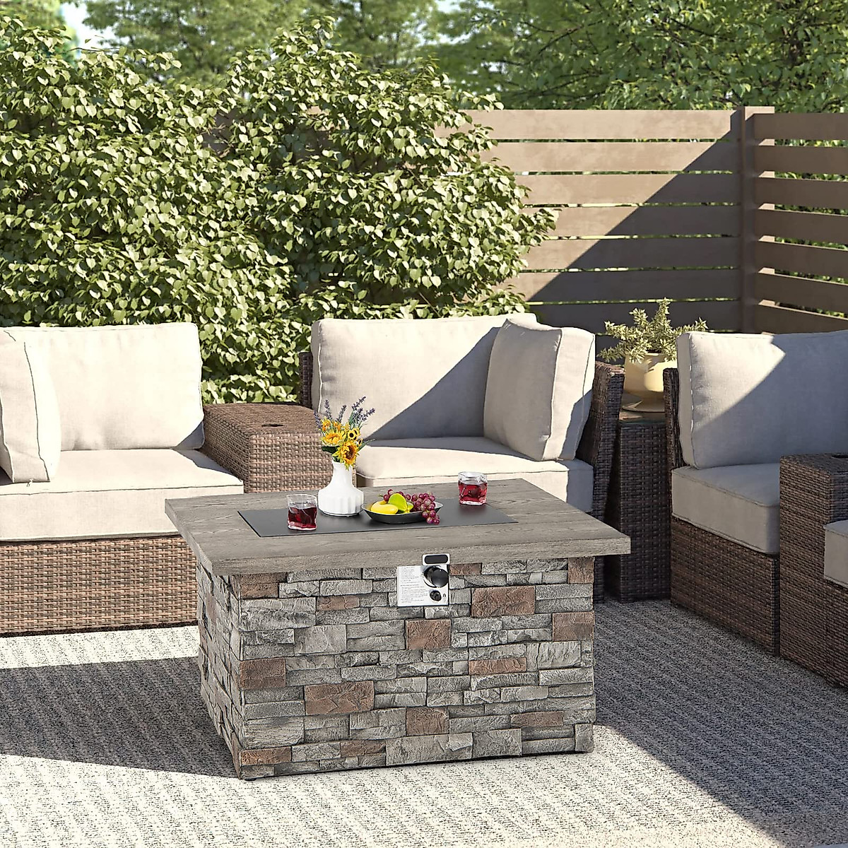 Giantex Propane Fire Pit Table - 2-in-1 Outdoor Rectangle Fire Table W/Volcanic Rock & PVC Cover, Stainless Steel Burner, 50,000 BTU Heat Output, Faux Stone Surface, 43.5” Gas Fire Pits for Outside