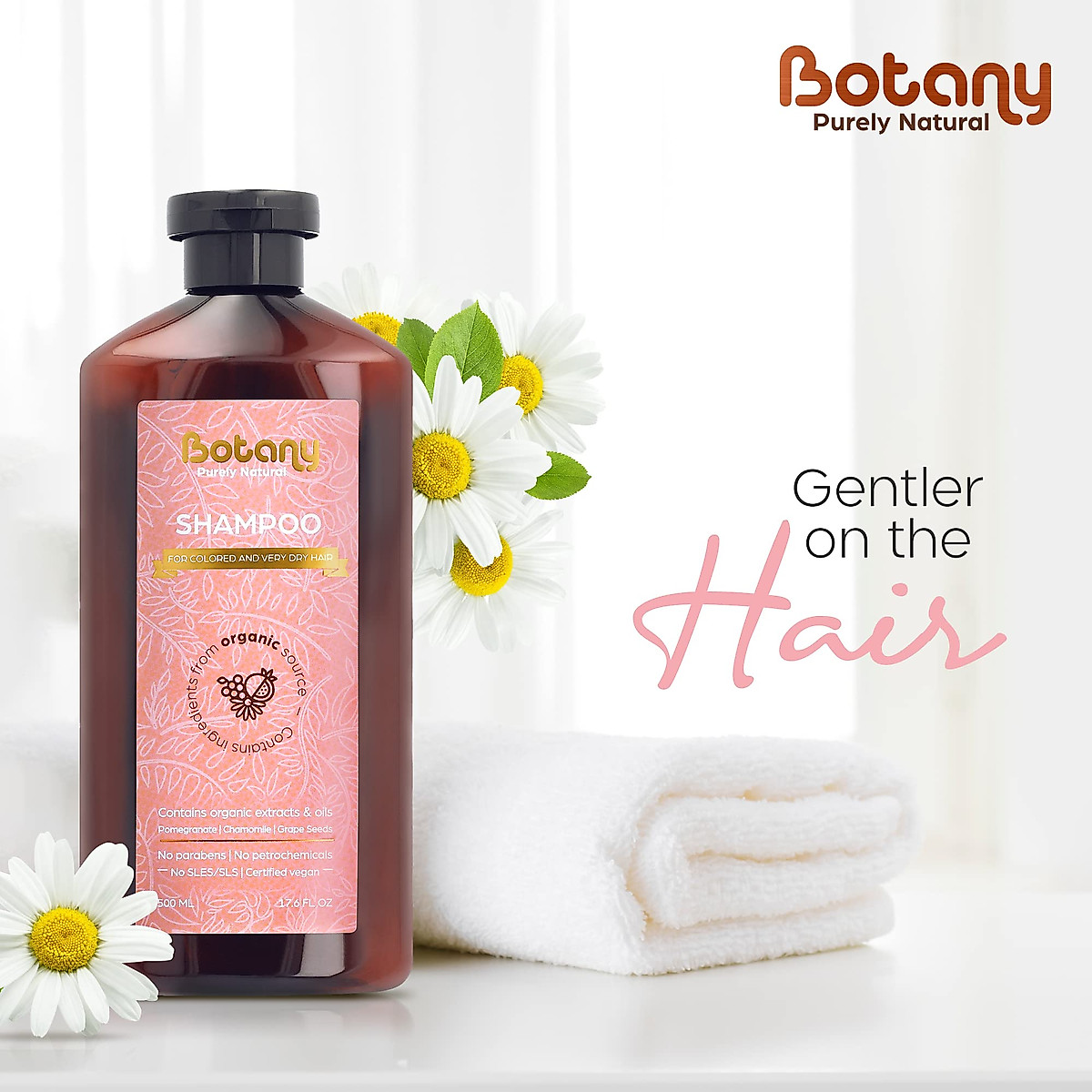 Botany Natural Shampoo for colored and very dry hair with Organic Pomegranate, Grape Seeds, and Chamomile- Vegan Shampoo for Women and Men SLS/SLES, Silicon, Paraben and Cruelty Free,17.6 oz