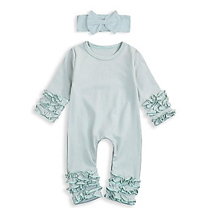 GRNSHTS Newborn Baby Girls Ruffle Romper Solid Long Sleeve Jumpsuit One-Piece Coming Home Clothes With Headband (Green, 1-3 Months)