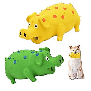 HCHYEY Pig Squeaky Dog Toy, 2 PCS Interactive Rubber Dog Chew Toy - Durable Latex Spot Grunting Pig Toys That Oink for Small Medium Large Dogs (Yellow, Green)