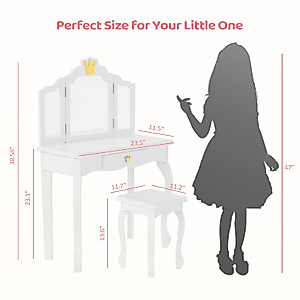 JOYMOR Kids Princess Vanity Table and Chair Set, Kids Vanity Set with Drawer & Tri-Folding Mirror, 2 in 1 Makeup Dressing Table with Detachable Top, Pretend Beauty Play Vanity Set for Girls