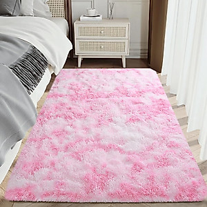 AIMECO Area Rugs for Bedroom, 4X6 Ft Fluffy Rug Carpet Shag Rug for Living Room Bedside Nursery Girls Bedroom, Tie-Dyed Pink