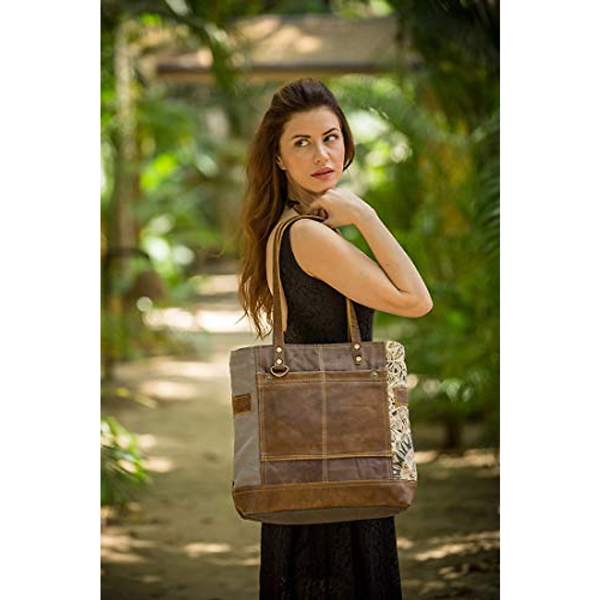 Myra Bags Side Floral Print Upcycled Canvas Tote Bag S-0915, Tan, Khaki, Brown, One_Size