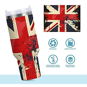 FENOCHE British Flag Retro 30 oz Tumbler Insulated Cups Stainless Steel Water Bottle with Handle Lid and Straw Tumblers for Car Cup Holder