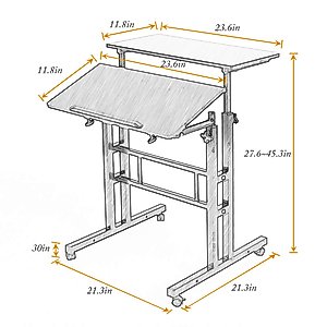 DlandHome Adjustable Rolling Desk Standing Desk, Sit-Stand Desk Cart Mobile Computer Desk Stand Up Desk Office Desk Riser Standing Table Workstation Mobile Desk, Oak