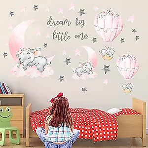 Dream Big Little One Elephant Wall Stickers, Pink Moon Hot Air Balloon Grey Stars Wall Decals for Nursery Kids Room Living Room Bedroom Decorations Home Decor