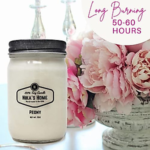 Nika's Home Peony Soy Candle 12oz Mason Jar Non-Toxic White Soy Candle-Hand Poured Candle- Handmade, Long Burning 50-60 Hours Highly Scented All Natural, Clean Burning Large Candle Gift Décor