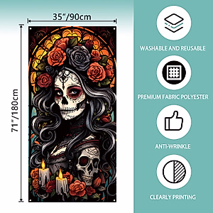 Day of The Dead Door Cover Dia De Los Muertos Backdrop Sugar Skull Rose Altar Mexican Fiesta Party Decorations and Supplies for Home