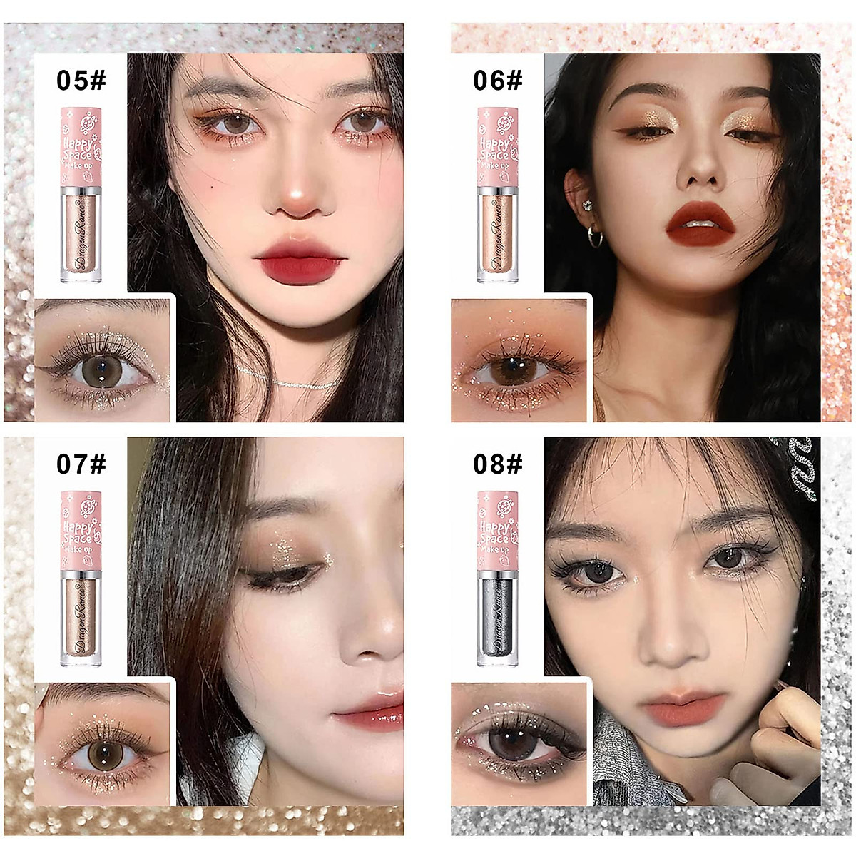 SUMEITANG 8Pcs Liquid Glitter Eyeshadow，Highly Pigmented Shimmer Metallic Sparkling Eye shadow，Multi-Dimensional Sparkle Finish，Long Wearing，Quick-Drying Liquid Eyeshadow for Crystal Eye Makeup