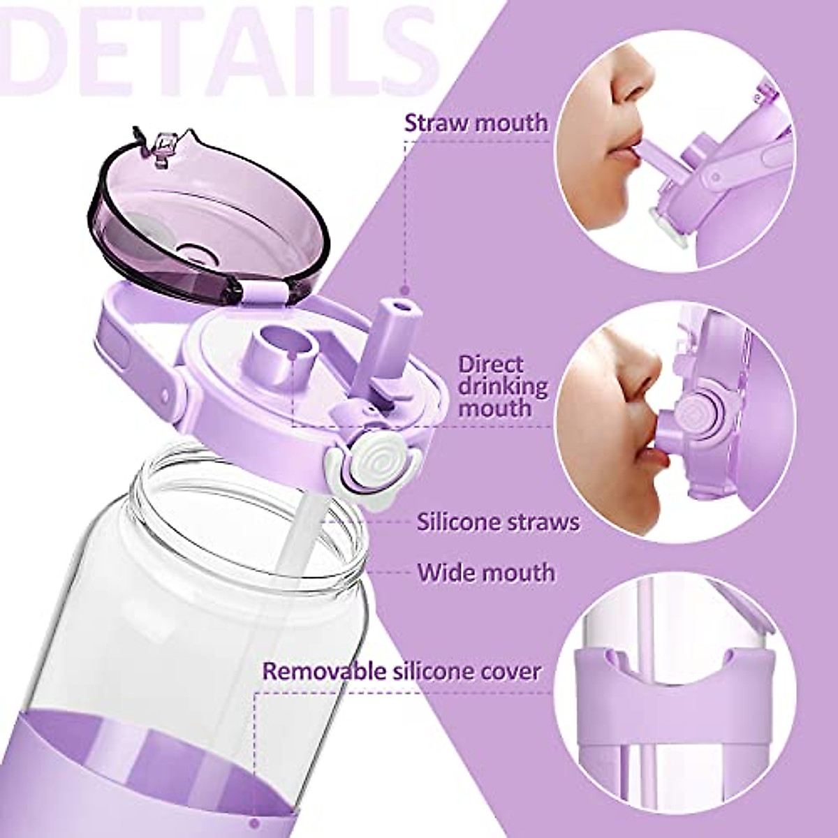 BLUEGO 56oz Glass Water Bottles with Straw Time Marker Half Gallon Large Motivational Water Bottle with Silicone Sleeve 2 Liter Large Glass Water Jug for Gym, Sports&Workout, Daily, Purple