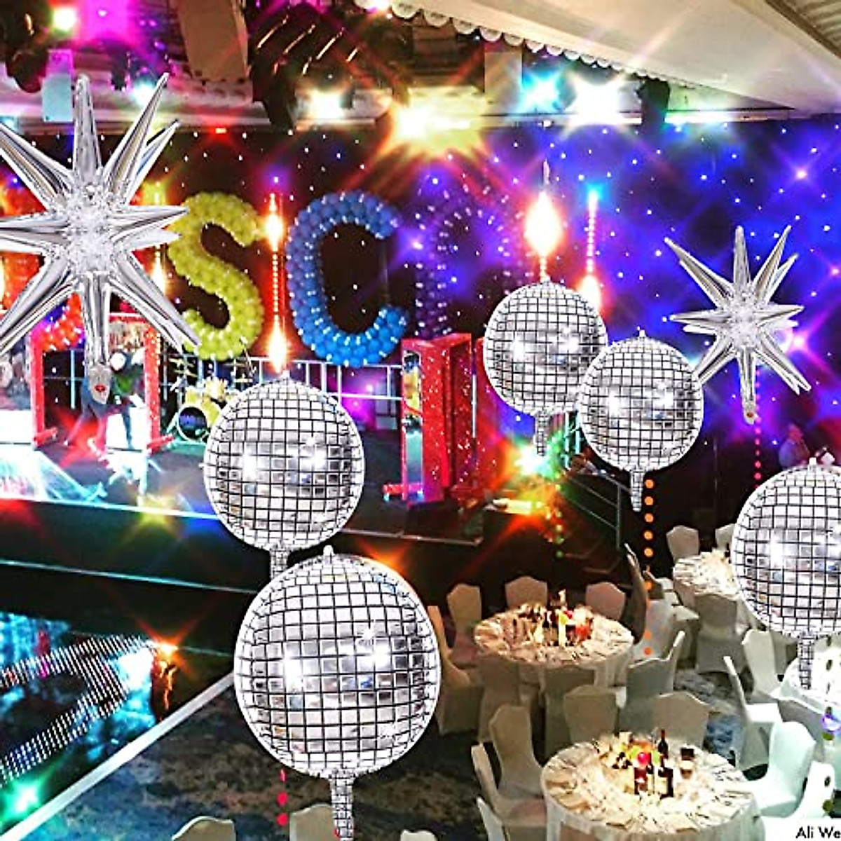 9 Pcs Giant Silver 4D Disco Ball Balloons, 22 Inch Silver Explosion Star Foil Mylar Balloons And 4D Round Metallic Silver Disco Balloons For 70s 80s 90s Disco Theme Party Decorations