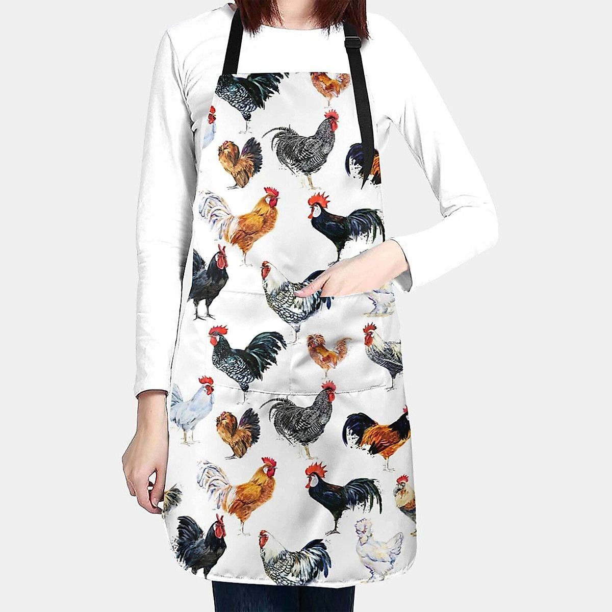 EEIVEUN Kitchen Apron Rooster Cockerel Chicken Farm Pattern Chef Bib Aprons for Women Men with Long Ties Waterdrop Oil Resistant Hostess Apron for Holidays Grill Cooking Baking BBQ