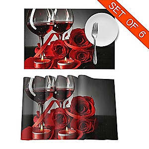 VGFJHNDF Red Wine Rose Placemats Set of 6 Pieces,Dining Table Washable Rose Table Mats for Kitchen Dining Home Decoration, 12 X 18 Inch