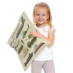 EKOBLA Military Technics Throw Pillow Cover Camouflage Army Transport Plane Armored Tank Helicopter Submarine Pillow Covers for Living Room Sofa Indoor Home Decor Cotton Linen 16x16 Inch