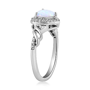 Jewelili Sterling Silver 7 MM Heart Cut Created Opal and Round Created White Sapphire Heart Promise Ring, Size 8