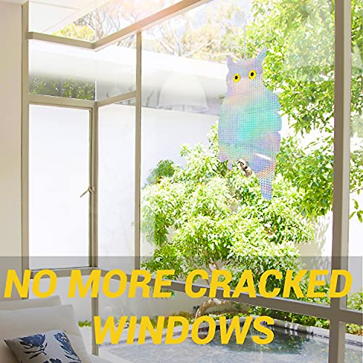 HOMESCAPE CREATIONS Owl Decoy Scare - Plastic Hanging Reflective Scarer - Ornamental Decorative Wind Spinner for Home and Garden - with 4 Spiral Rods and 4 Suction Cups