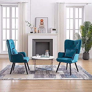 Accent Chairs Set for Living Room- Mid-Century Modern Comfy Reading Chair for Bedroom Adults Armchairs Sillones para Sala Sofa Tall Wingback Arm Chairs Microfiber Cushioned (Teal, 2 Chairs)