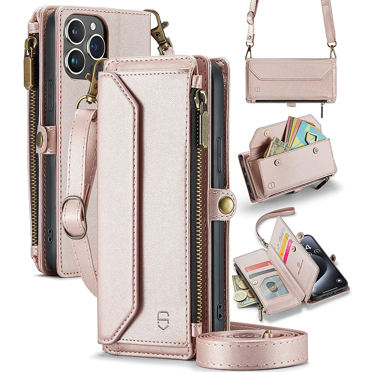 Strapurs Crossbody for iPhone 15 Pro Case Wallet【RFID Blocking】with 7-Card Holder Zipper Bills Slot, Soft PU Leather Magnetic Flip Wrist Shoulder Strap for iPhone 15 Pro Wallet Case for Women,RoseGold