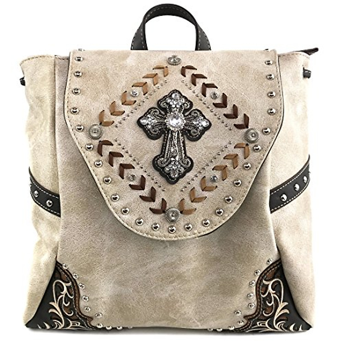 Justin West Trendy Western Cross Rhinestone Conceal Carry Women Backpack Purse (Beige)