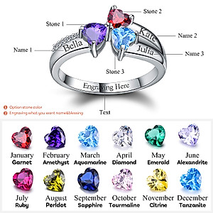 Madeone 925 Sterling Silver 14K Gold Plated Personalized Gem Mother Ring Customized with 3 Heart Birthstone 3 Names and 1 Engraving Meaningful Anniversary Rings Christmas Jewelry Gifts for Women