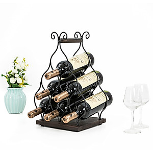 SODUKU Countertop Wine Rack 6 Wine Bottles Holder Rustic Metal Wood Wine Storage Rack for Kitchen Table Bar