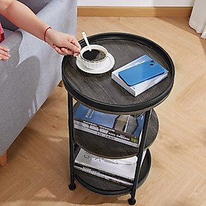 Dulcii Side Table, Round End Table with 3 Shelves for Living Room, Bedroom, Nightstand with Steel Frame for Small Spaces, Industrial Round Sofa Table, Outdoor Accent Coffee Table, Grey