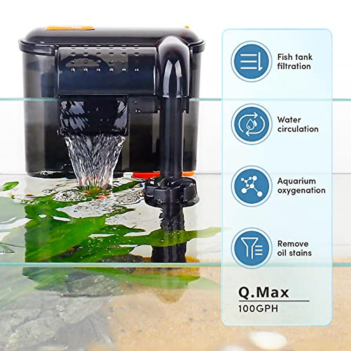 hygger Hang On Aquarium Filter, 100GPH Rotatable Surface Oil Skimmer, Quiet Power Fish Tank Filter with Adjustable Water Flow Retractable Water Inlet Tube for Freshwater Saltwater Tank Filter (S/M)