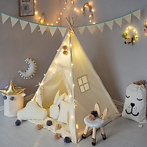 TreeBud Kids Teepee Tent with Padded Mat, Banner, Fairy Lights, Yarn Ball, Carry Bag, Beige Cotton Canvas Play Tent for Child with Tassels Lace, Play House Tipi for Kids Room Decor