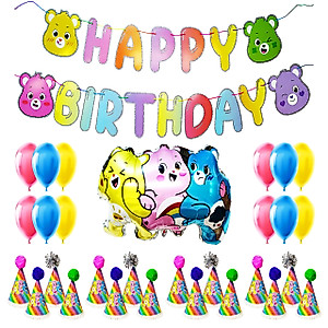 Care Bears Birthday Decorations 31pc Happy Birthday Room Decorations Original Care Bears Party Supplies: Party Hats Birthday Banners Balloons Rainbow Party Favor Baby Shower Gender Reveal Decor 3+