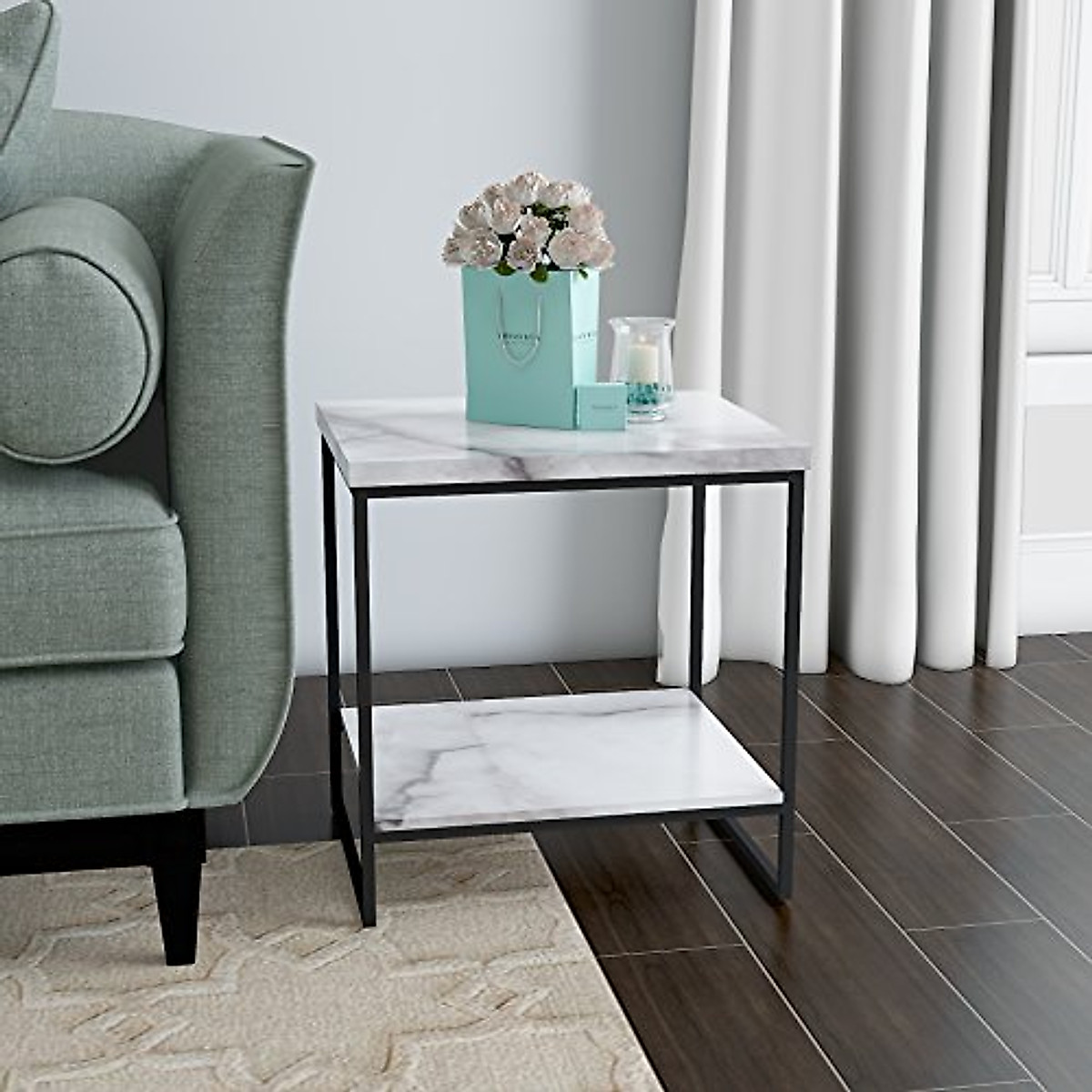 Tilly Lin Faux Marble Side Table, White Marble Small Coffee Table with Storage, 2-Tier End Table for Living Room, Nightstand for Bedroom (White, Black)