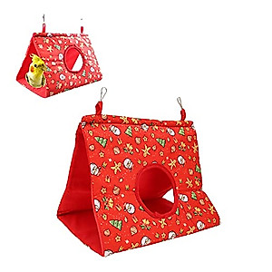 Pssopp Bird Snuggle Hut, Bird Hanging Hammock Tent Toy Bird Cave Hanging Tent Birds Hideaway Sleeping Bed Fuzzy for Resting Hiding Playing Red Christmas