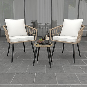3 Pieces Patio Bistro Set All-Weather Wicker Ratan Conversation Set Outdoor Furniture Chairs w Glass Top Coffee Table and 2 Thick Cushions for Porch Backyard Lawn Poolside (White Cushion)