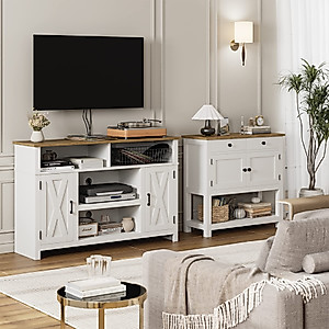 HOSTACK Barn Door TV Stand for TVs Up to 65", Modern Farmhouse Wood Entertainment Center, Media Console Table with Storage Cabinet & Adjustable Shelves, Buffet Sideboard for Dining Room, White