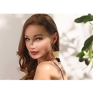 Handmade Beaded Tassel Earrings - Statement Seed Bead Earrings, Boho Beaded Fringe Drop Earrings for Women (TRIANGLE GOLD BLACK)