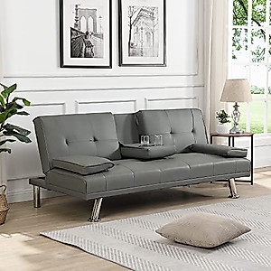 Modern Faux Leather Convertible Folding Futon Sofa Bed, Sofa Couch for Compact Living Space, Apartment, Dorm, Removable Armrests, 2 Cupholders (Gray)