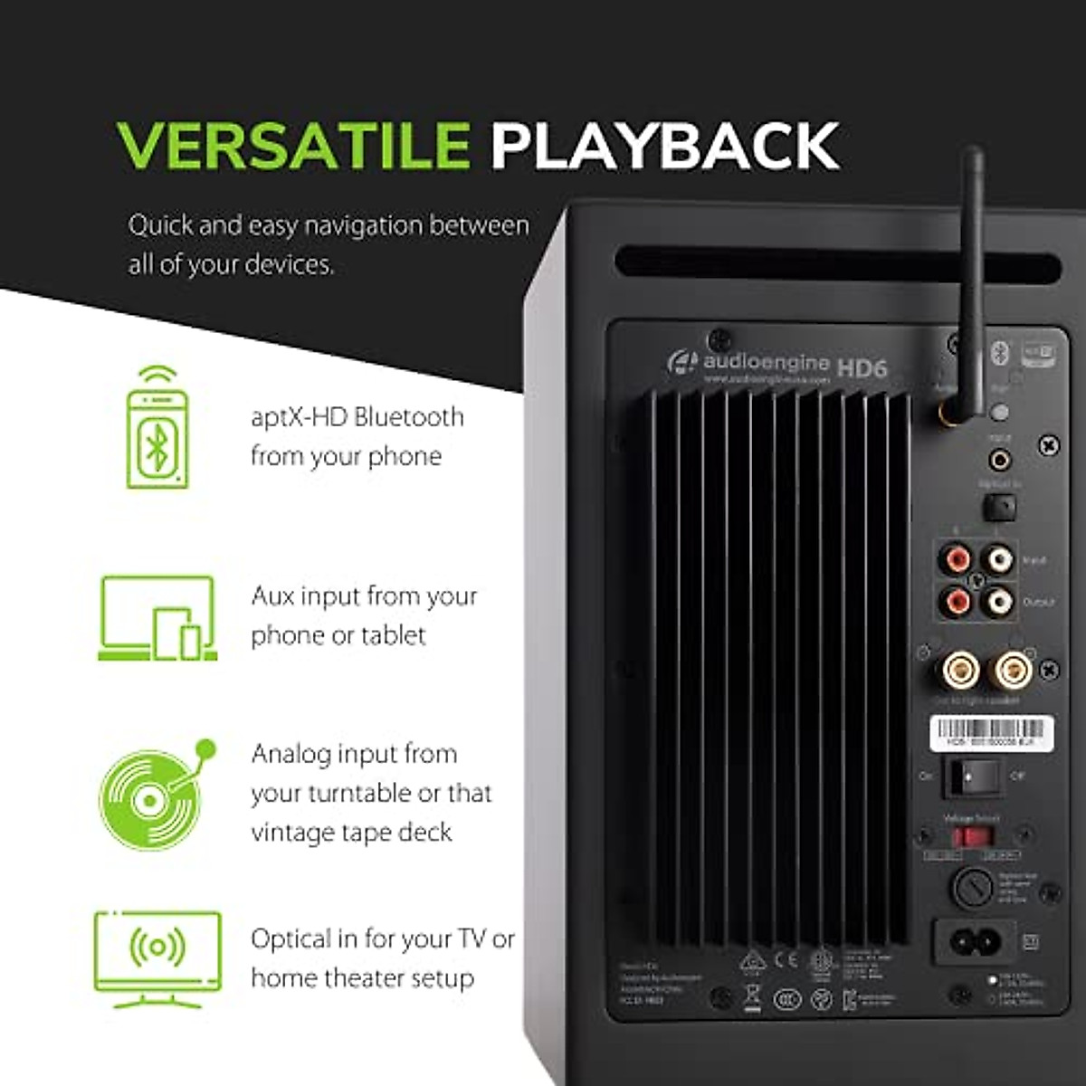 Audioengine HD6 150W Powered Bookshelf Stereo Speakers | Home Music System w/aptX HD Bluetooth, AUX Audio, Optical, RCA, 24-bit DAC | Real Wood Veneer (Black)