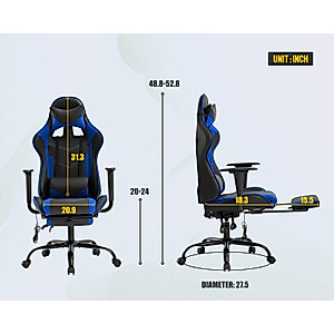 Gaming Chair Office Chair Desk Chair Massage PU Leather Recliner Racing Chair with Headrest Armrest Footrest Rolling Swivel Task PC Ergonomic Computer Chair for Back Support, Blue