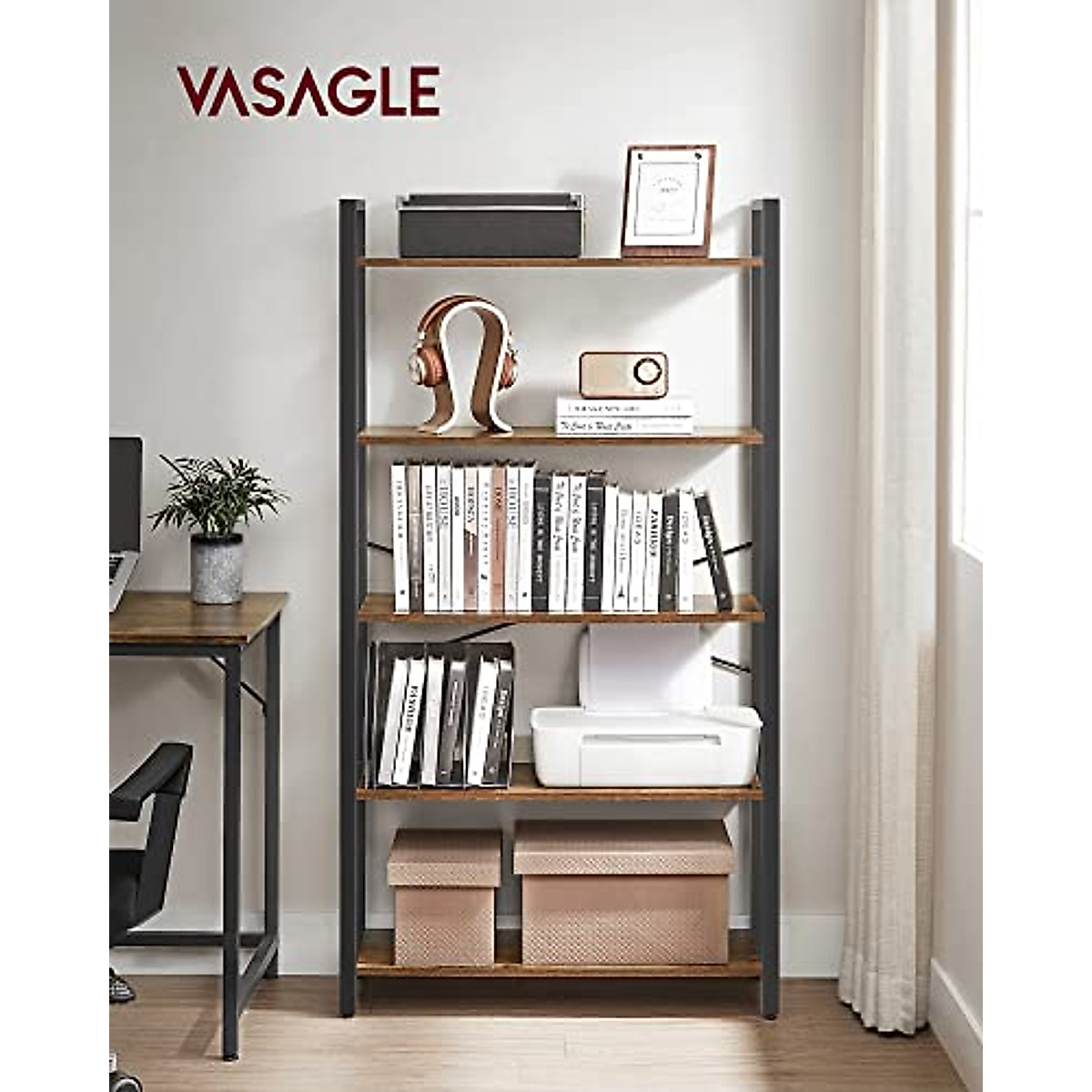 VASAGLE Bookshelf, 5-Tier Storage Rack with Steel Frame, for Living Room, Office, Study, Hallway, Industrial Style, Rustic Brown + Black, ‎11.8 x ‎31.5 x 60 inches