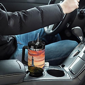 FRCSDIY Seaside Lighthouse Insulated Tumbler with Handle and Straw Lid,40oz Leakproof Stainless Steel Cup BPA-Free Water Bottle