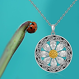 Talonior Daisy Necklace for Women Sterling Silver Celtic Knot Birth Flower Sunflower Necklace Pendant Cubic Zirconia Sunshine Daisy Jewelry Gifts