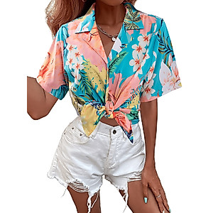 Hawaiian Shirts for Women Soft Cool Summer Hawaiian Shirt Floral Tropic Print Tees V Neck Button Up Short Sleeve Top Pink Blue
