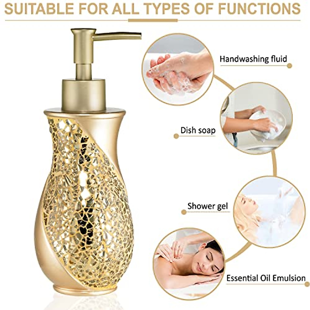 Zahari Home 4pc Sinatra Stylish Bathroom Accessories Set Champagne Gold Soap Dispenser Pump, Tumbler, Tooth Brush Holder and Soap Dish Modern Decor Bling Mosaic Glass Gold Bathroom Accessories