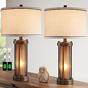 RORIA Set of 2 Farmhouse Table Lamps for Living Room with 2 USB Ports, Vintage Rustic Nightstand Lamps with Amber Glass Nightlight, Retro Desk Lamps for Bedroom Entryway, 4 Bulbs Included (Brown)