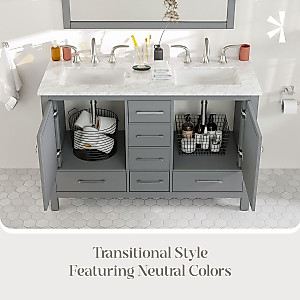 Eviva 48 Inch Bathroom Vanity with Sink-Gray Bathroom Vanity with Carrara Marble Top -Freestanding Double Sink Bathroom vanities with Spacious Storage -Bathroom Sink Cabinet and Wood countertop Combo