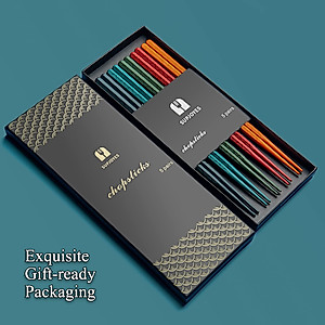 SUPJOYES 5-Pairs Colorful Reusable Chopsticks: Japanese Chinese Fiberglass Chopsticks Dishwasher Safe, Japanese Stick Gift Set with Gift Box, Non-Slip Chop Sticks