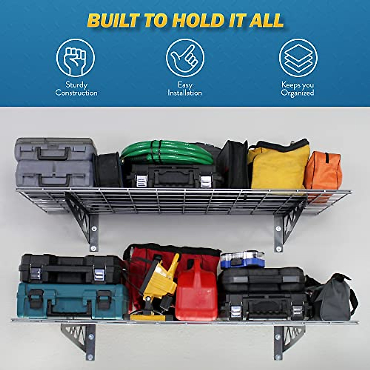 MonsterRax | Garage Wall Shelf Two-Pack White or Hammertone | Three Size Options | Includes Bike Hooks | 300lb Weight Capacity (Hammertone, 12"x36")