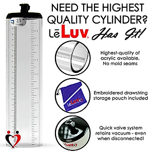 LeLuv 6mm Thick Walled Cylinder 2.1" x 9" for Penis Pumps, Seamless Untapered Clear Acrylic Adult Toy with Measurement Marks and Locking Vacuum Fitting