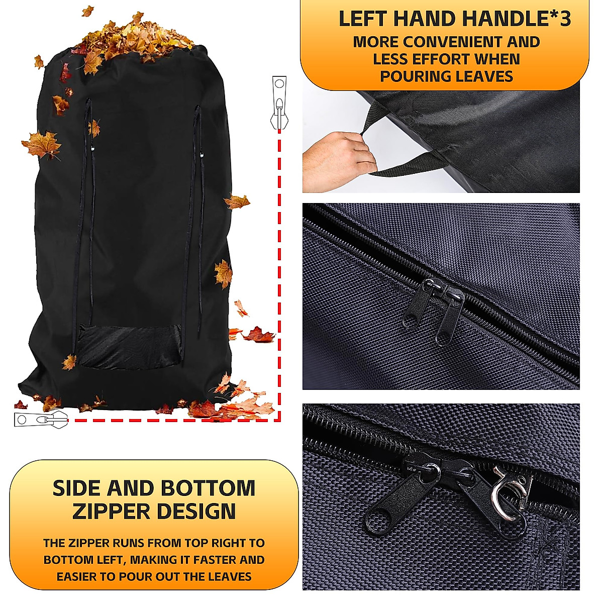 Soikier 1680D Anti-Tear Lawn Tractor Leaf Bag, Waterproof Leaf Bag for Riding Lawn Mower with Side Zipper and Mesh for No Dust Blow Back, Fast & Easy Leaf Collection (54 Cu. Ft, 96"×56")