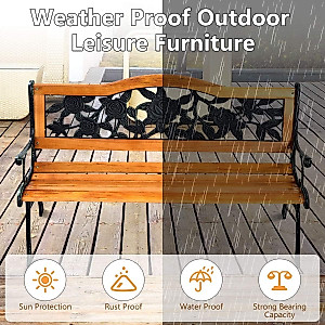 HAPPYGRILL Outdoor Garden Bench, Patio Park Bench with Cast Iron & Hardwood Structure, 50" Porch Loveseat Outdoor Furniture Path Chair